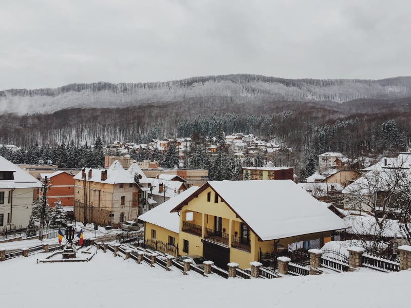 Winter in town stock image. Image of rooftop, rural, street - 64433587