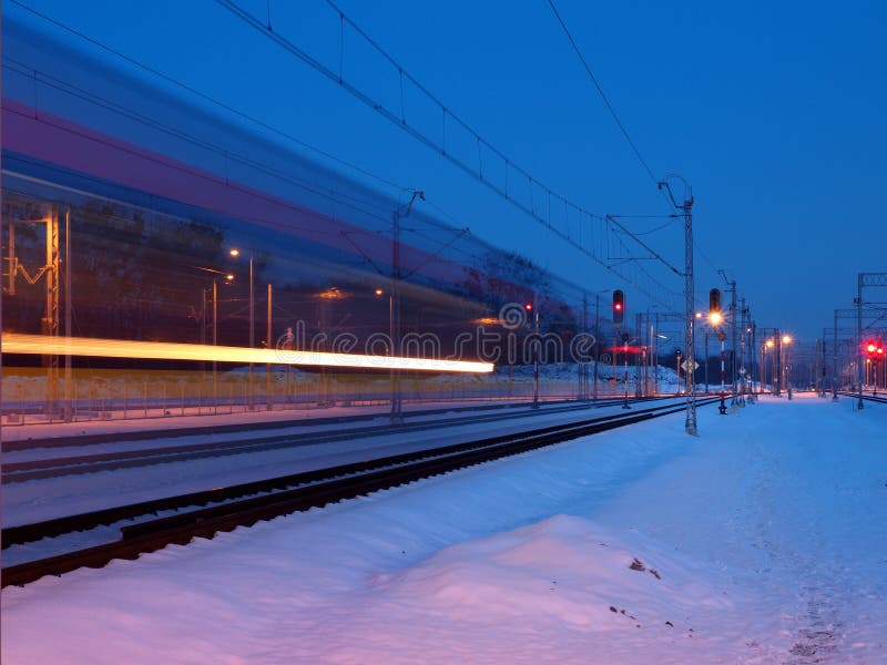 Train in winter night stock image. Image of city, path - 49490883