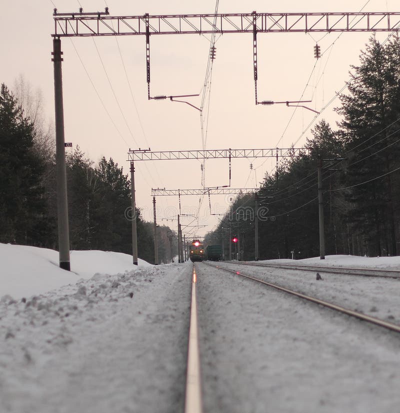 Winter Train Tracks in Forest - Railway at Sunset Stock Photo - Image ...