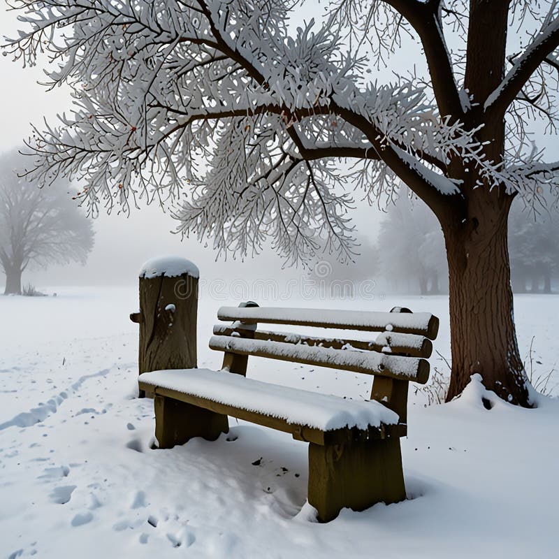 Winter Trees and Bench in Fog Stock Illustration - Illustration of ...
