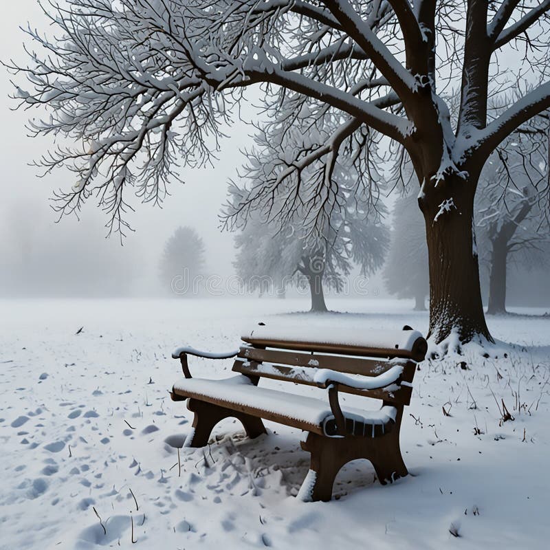 Winter Trees and Bench in Fog Stock Illustration - Illustration of ...
