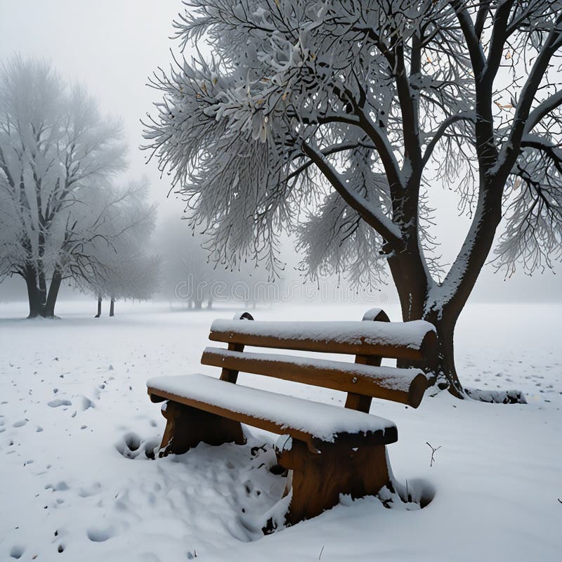 Winter Trees and Bench in Fog Stock Illustration - Illustration of tree ...