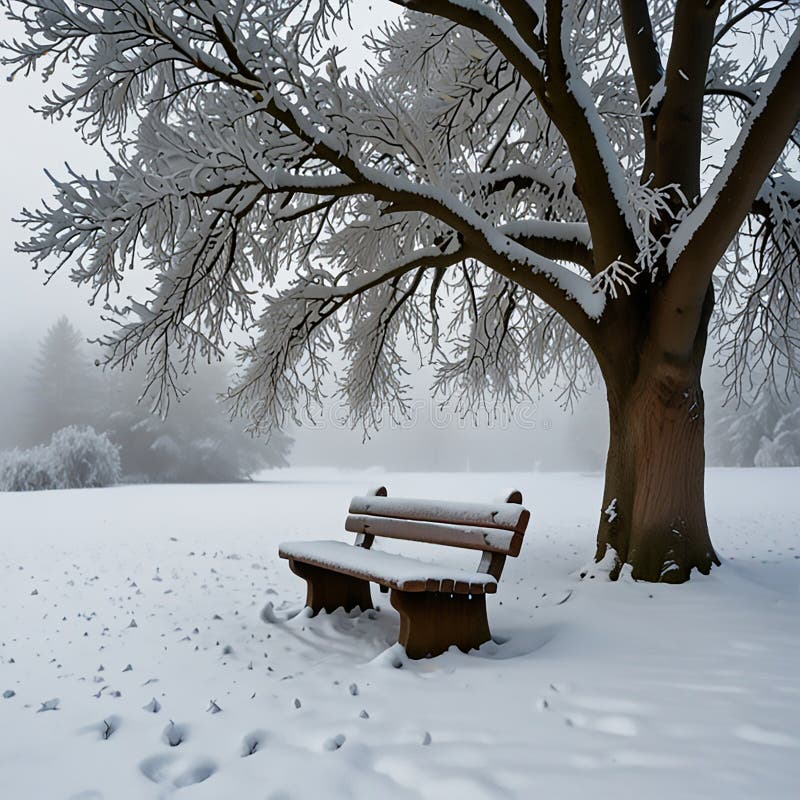 Winter Trees and Bench in Fog Stock Illustration - Illustration of ...
