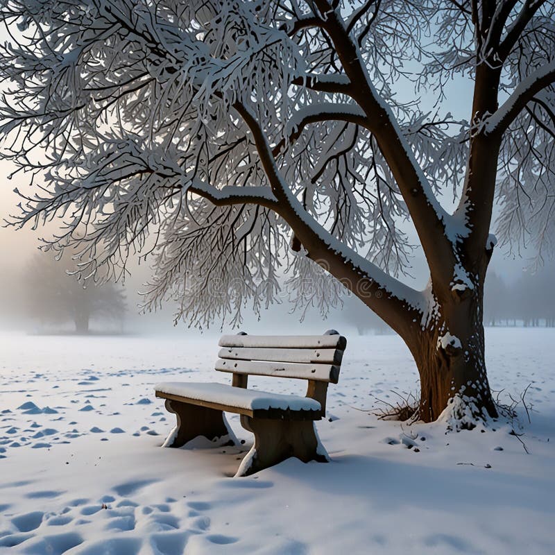 Winter Trees and Bench in Fog Stock Illustration - Illustration of ...