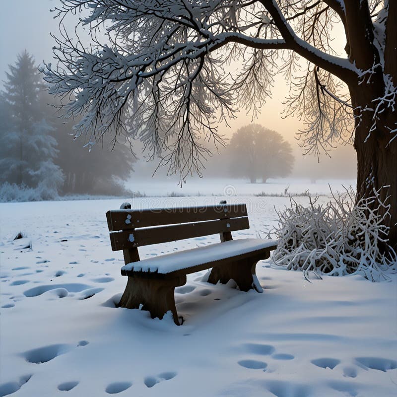 Winter Trees and Bench in Fog Stock Illustration - Illustration of cold ...