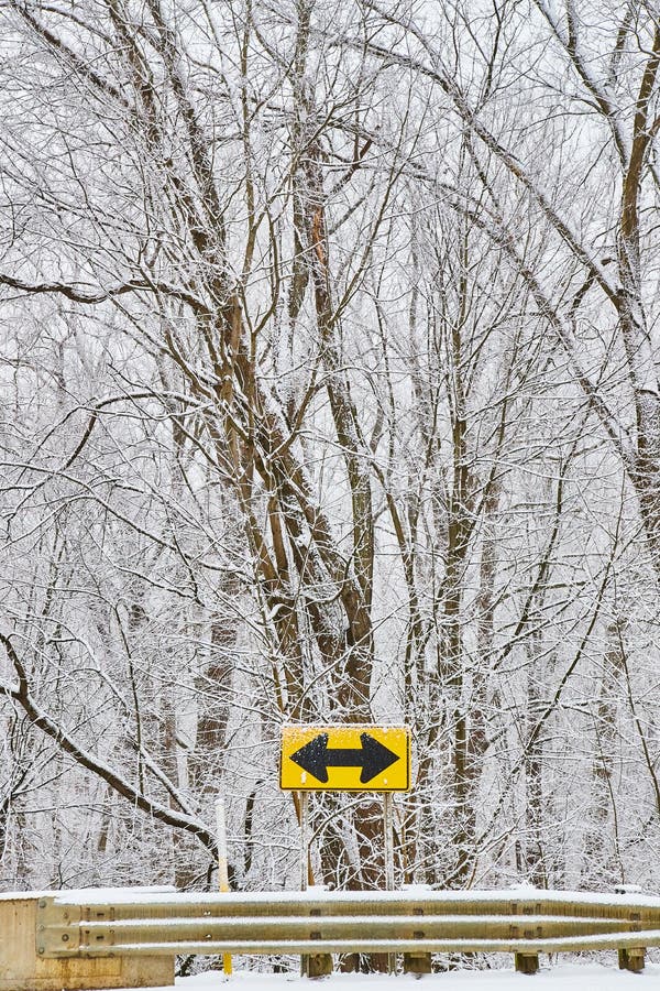 Winter Trees Covered in Snow at Road with Yellow Double Arrow Sign ...