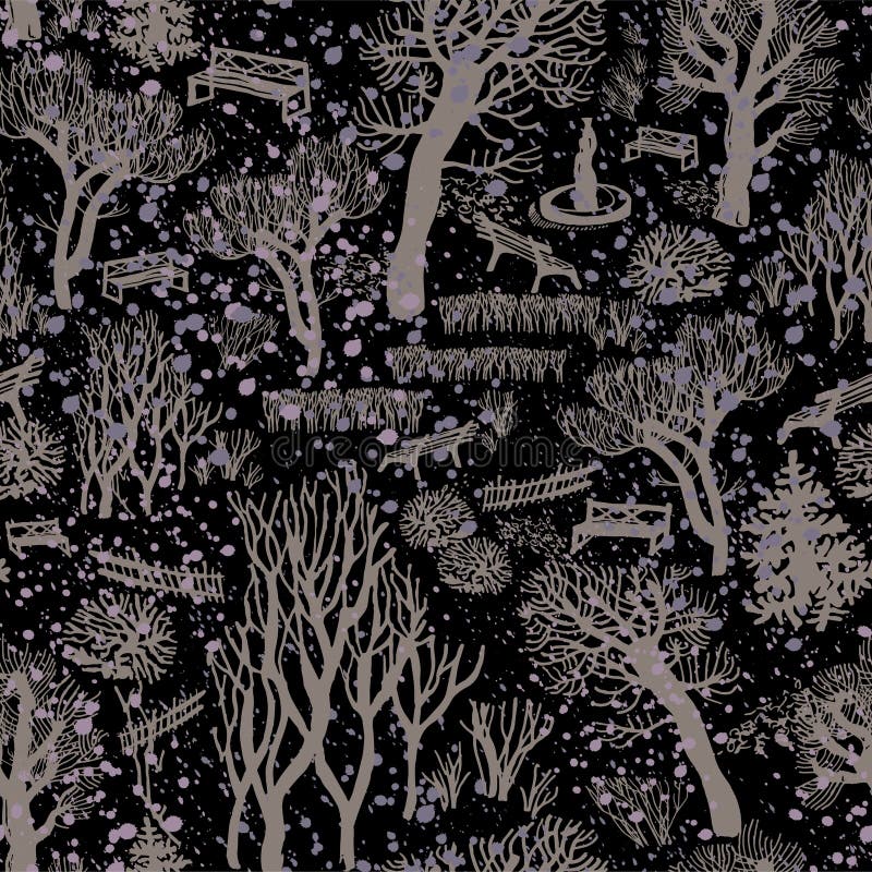Winter Trees Park Scenery with Benches Seamless Pattern on Black. Stock ...