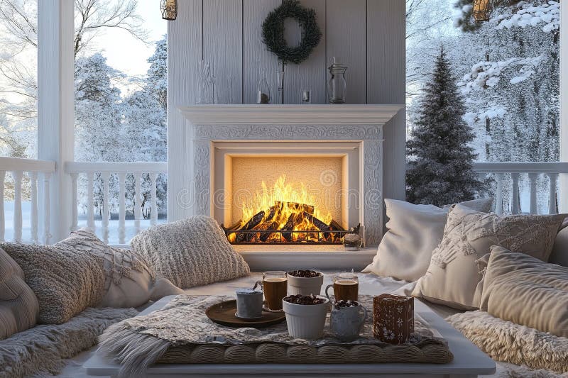 A Winter Veranda Featuring a Fireplace Framed with Fluffy Ai Stock ...