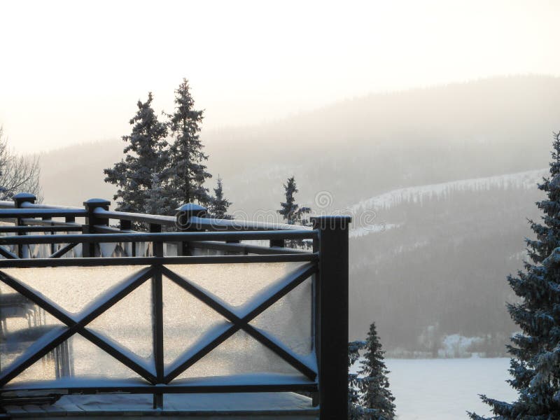 Winter View of the Balcony of the House and the Ski Slope Stock Photo ...