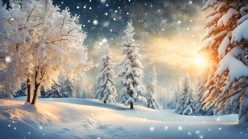 Winter View of Falling Snow and Snow Covered Trees, Festive Magical ...