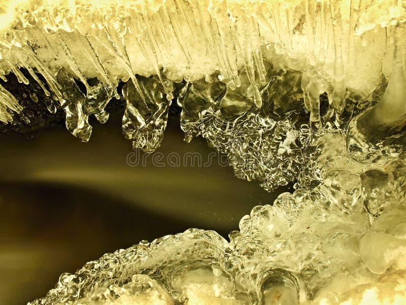 Winter View To Frozen Brook, Icy Twigs and Icy Boulders Above Rapid ...
