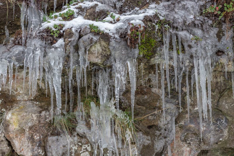 Winter View of Icicles Hanging from Rock Face, Derbyshire, UK Stock ...