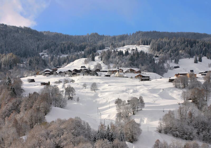 Winter View of Snow Covered Village and Trees Stock Image - Image of ...