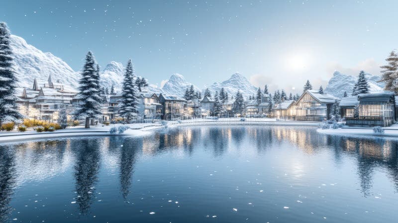 Winter Village Lakeside a Serene Reflection of SnowCovered Homes Stock ...