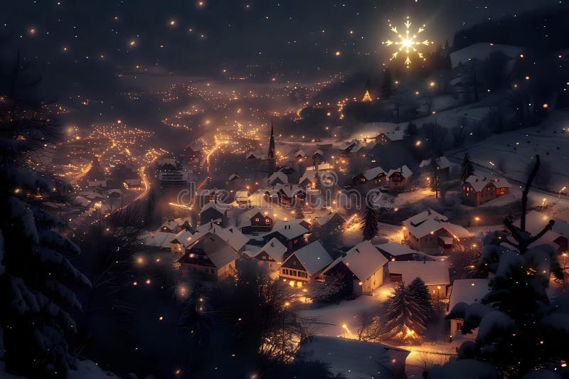 Winter Village Nightscape: Snow, Lights, and Starry Sky Stock ...
