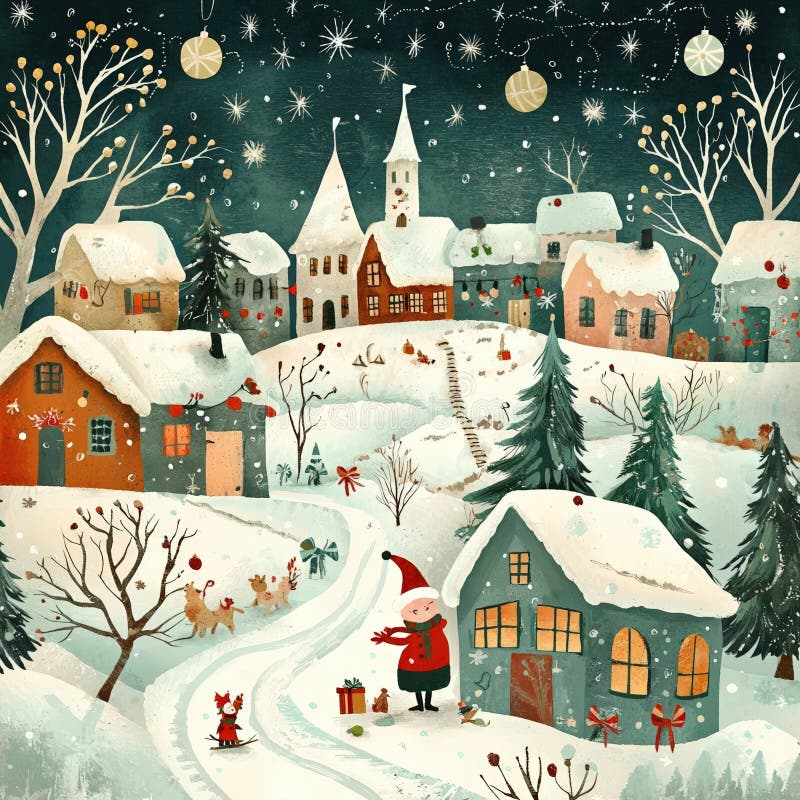 Winter Village Scene with Santa and Snow Stock Illustration ...