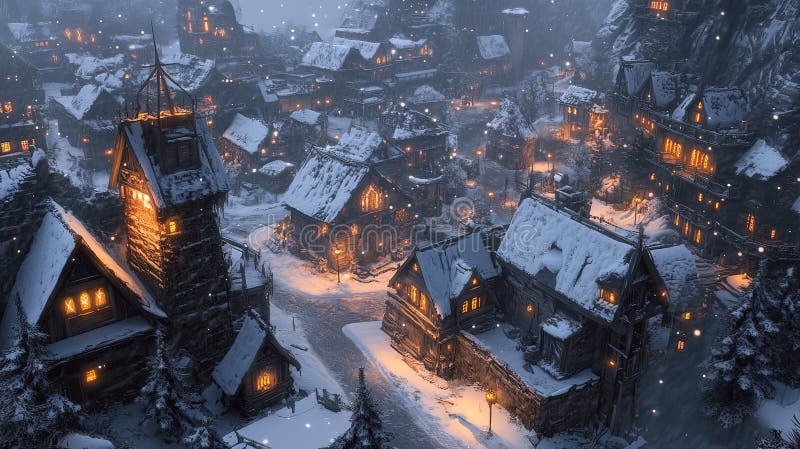 A Winter Village Scene with Snow-covered Rooftops and Glowing Windows ...