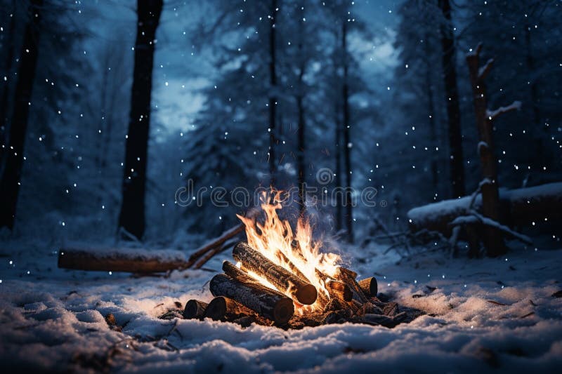 Winter Warmth Bonfire in Snowy Forest with Falling Snowflakes Stock ...