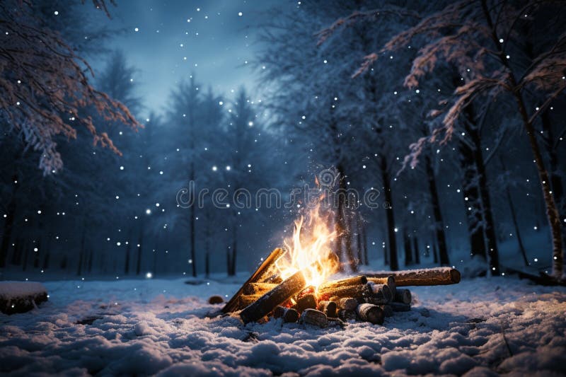 Winter Warmth Bonfire in Snowy Forest with Falling Snowflakes Stock ...