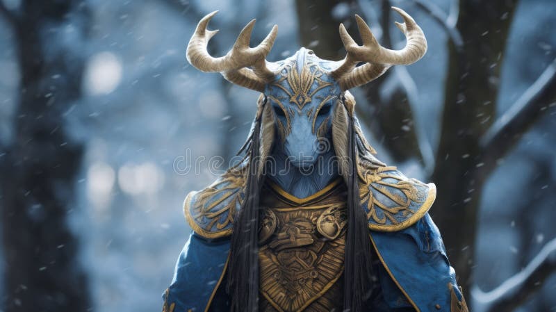Winter Warrior: a Stunning Horned Armor in Dark Azure and Gold Stock ...