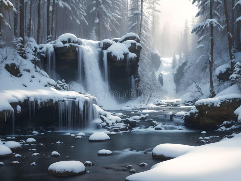 Winter Waterfall Landscape of Snow Covered River in the Mountains at ...