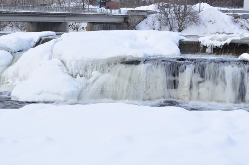 Winter Waterfalls in Small Town Stock Image - Image of river, canada ...
