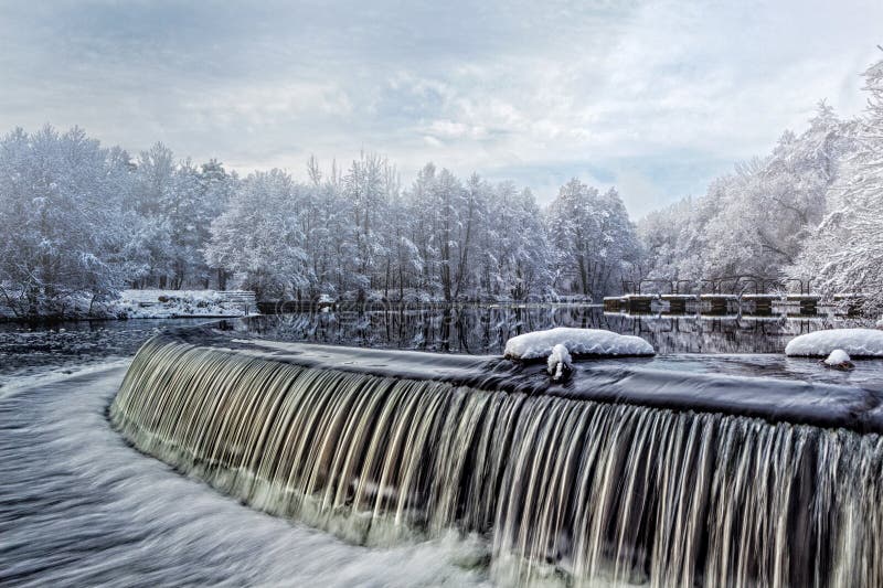 Winter Waterscape. Waterfall, Snow-covered Trees Stock Image - Image of ...