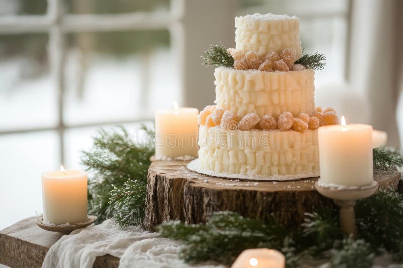 Winter Wedding Cake, a Rustic Winter Wedding Cake Adorned with White Chocolate and Candy ...