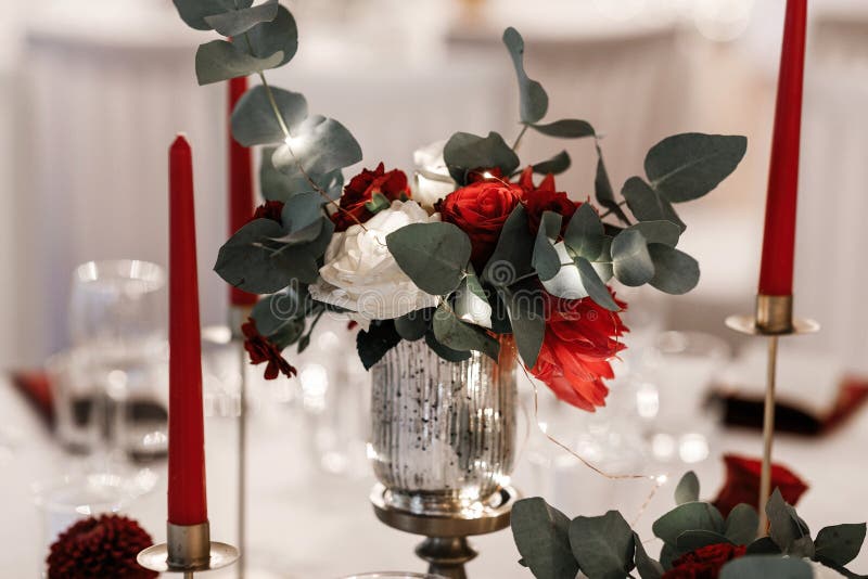 Flowers and Red Candles Table Arrangement Stock Image - Image of floral ...