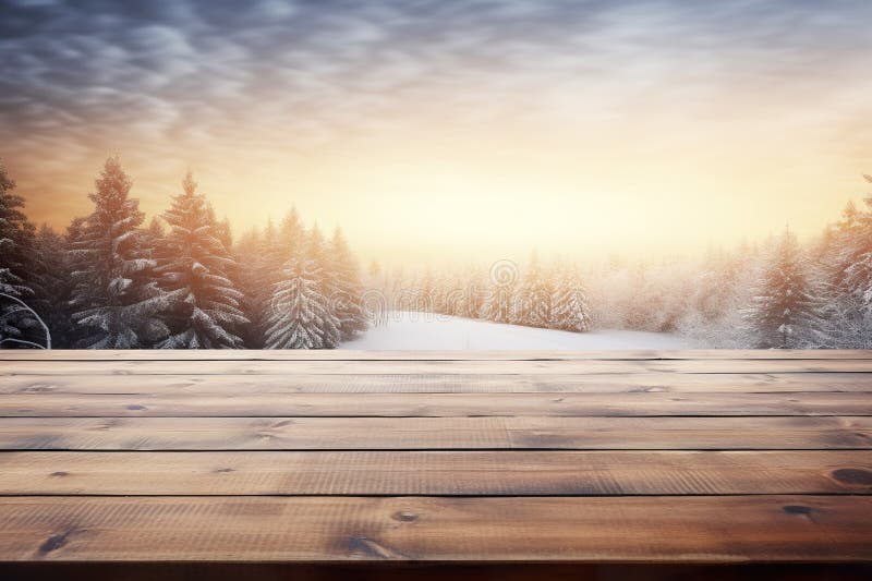 Winter Whispers: Empty Old Wooden Table with Blurred Wintry Backdrop ...