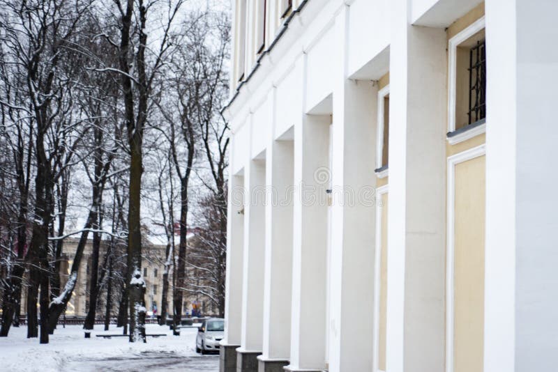 Winter, White Building with Straight Tall Columns Stock Image - Image ...