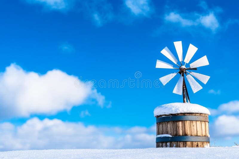 Winter Windmill and Barrel Serenity Winter Windmill Snow Rustic a ...