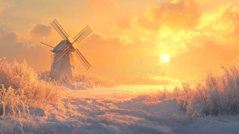 Windmill sunset at a lake stock photo. Image of meteorology - 238779682