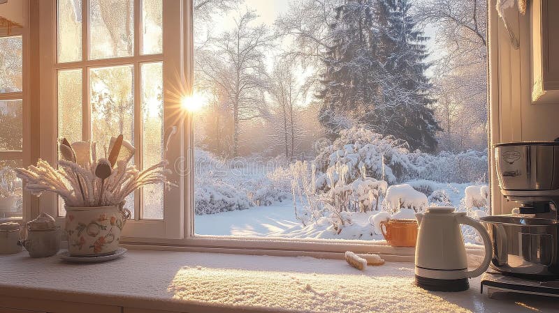 Winter Window View with Snow-Covered Landscape Stock Illustration ...