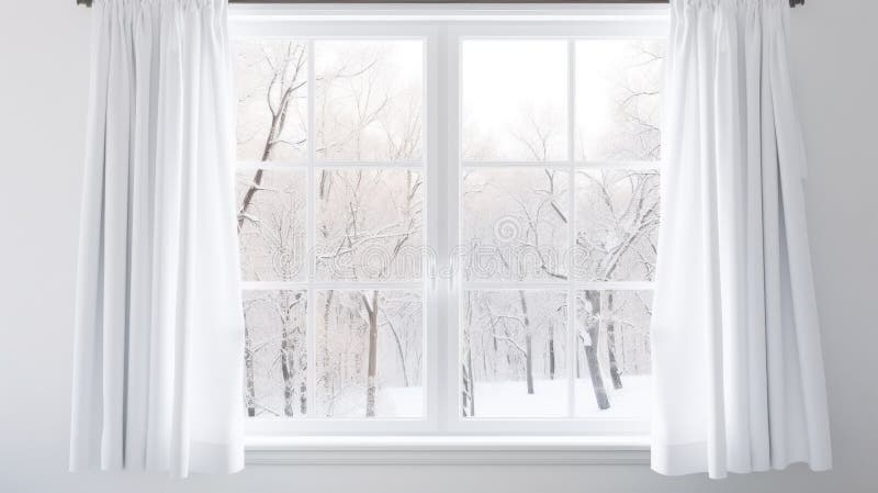 Winter Window with View of Snow Trees Landscape. White Window Looking ...