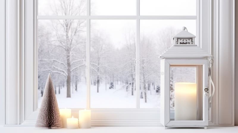Winter Window with View of Snow Trees Landscape. White Window Looking ...