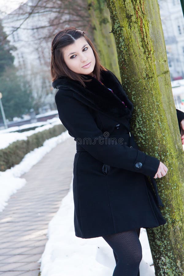 Winter woman stock image. Image of tree, leaning, woman - 45619545