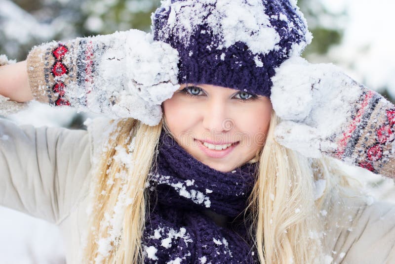 Winter Woman Playing with Snow Stock Photo - Image of face, caucasian ...