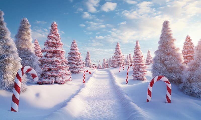 Winter Wonderland with Candy Cane Pathway and Frosted Trees Stock Image ...