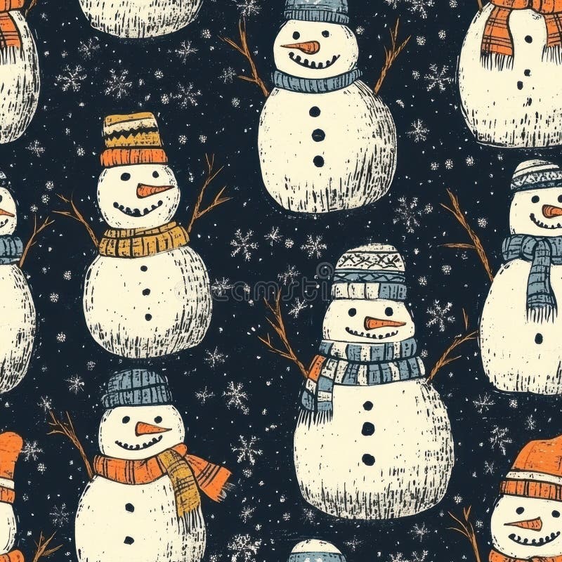 Winter Wonderland: Cheerful Snowmen Pattern with Night Sky Background ...