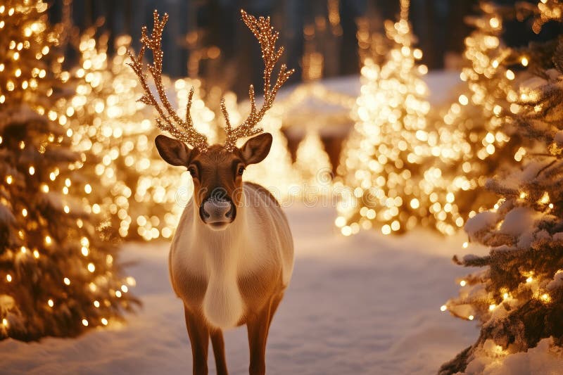 Winter Wonderland Featuring Reindeer and Illuminated Trees. Stock ...