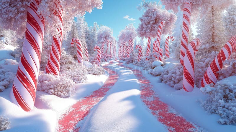 Winter Wonderland Forest Path with Candy Cane Trees. Snow-covered Sugar Dusted Paths Wind ...