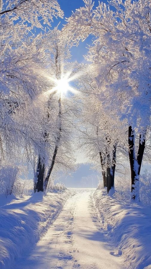 Winter Wonderland, Frosty Trees Frame a Snowy Path through the Sun S ...