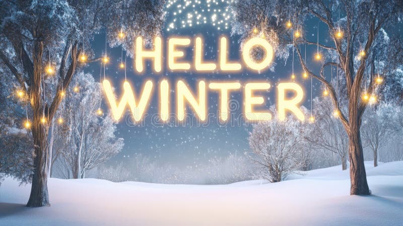 Winter Wonderland with Glowing Hello Winter Message in Snowy Landscape ...