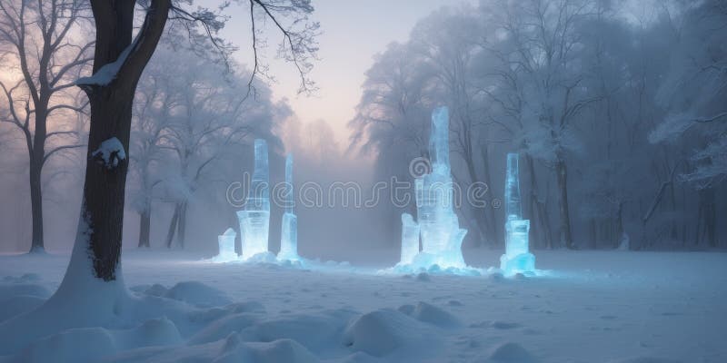 Winter Wonderland with Glowing Ice Structures Amid Snowy Trees at Dawn ...