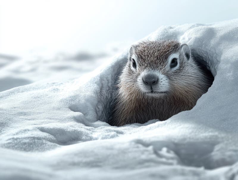 Winter Wonderland with Groundhog Emerging from Snowy Burrow Stock Image ...