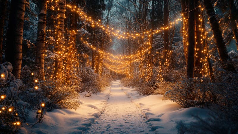 Winter Wonderland Path in Forest with Twinkling Lights Stock Vector ...