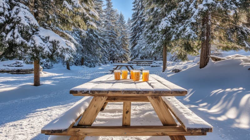 Winter Wonderland Picnic Table with Drinks Stock Illustration ...