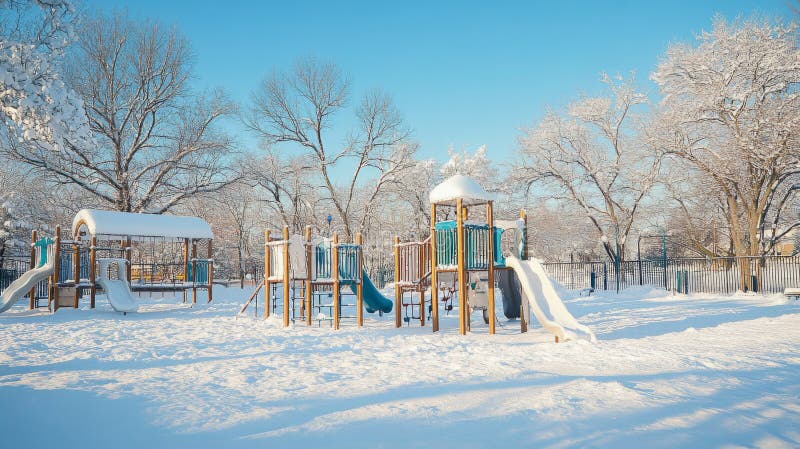 A Winter Wonderland Playground with Snow-Covered Structures Stock ...