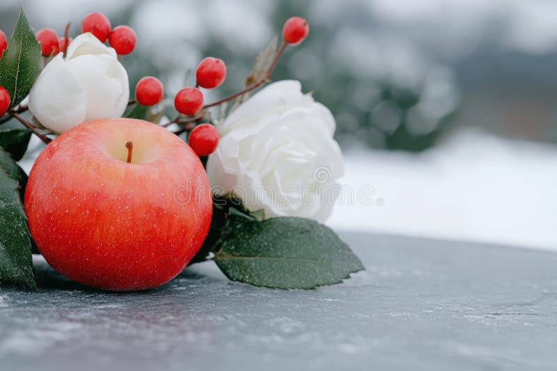 Winter Wonderland with Red Apple and White Roses Stock Illustration ...